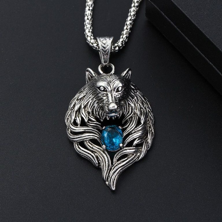 Collar de cabeza de lobo poderoso con cadena y piedra azul o gris ...